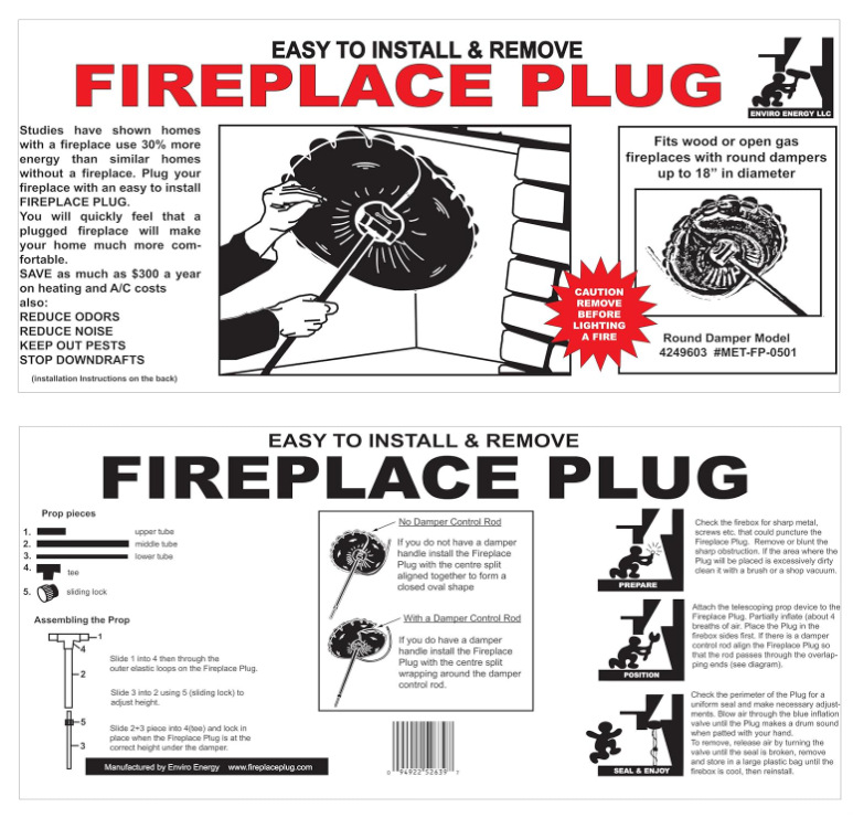 24"x9" Fireplace Chimney Draft Blocker, Inflatable Balloon Pillow Plug ...