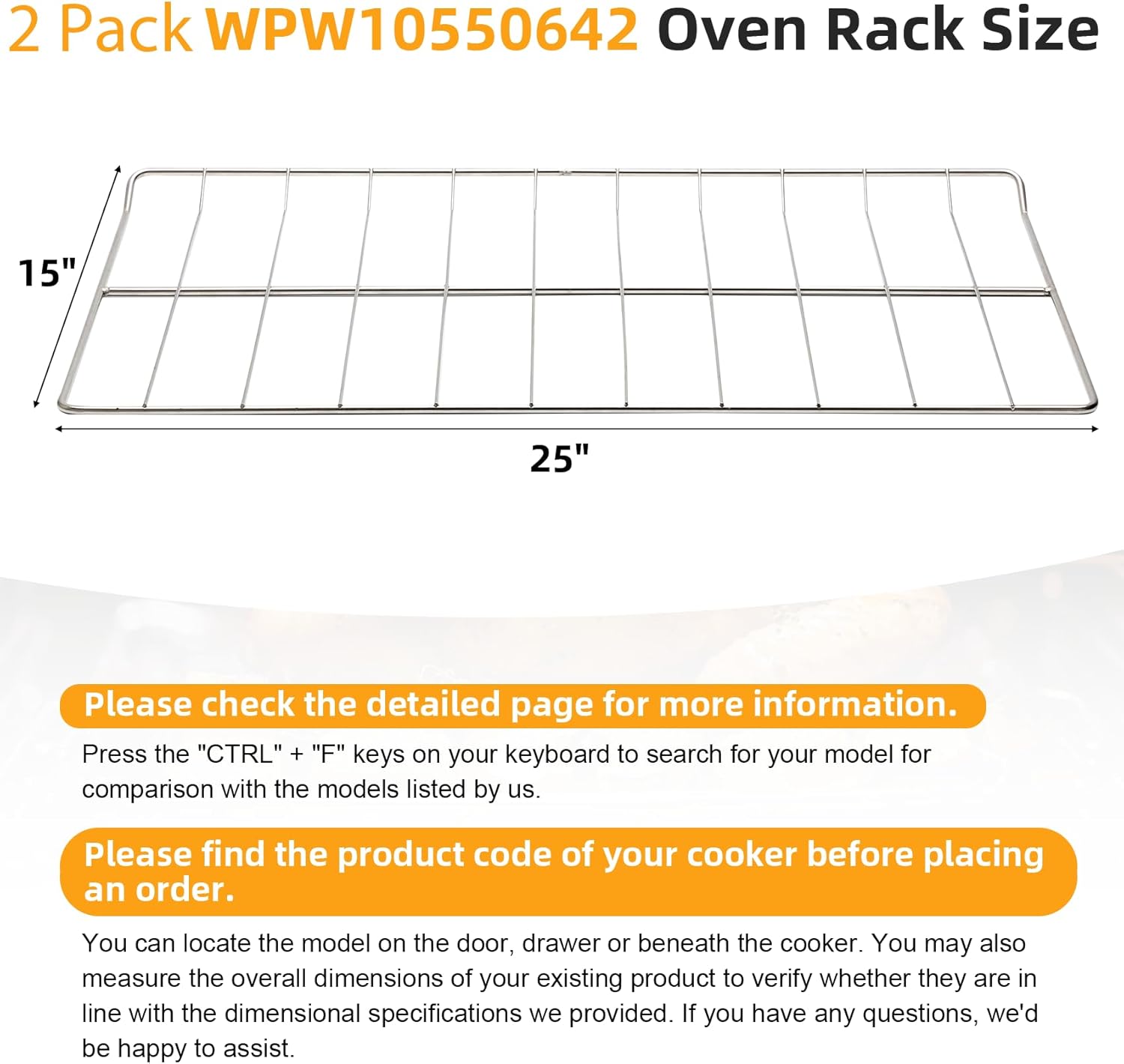 Oven Rack 25" x 15" W10550642 for Whirl-pool, Amana Stove, Stainless S ...