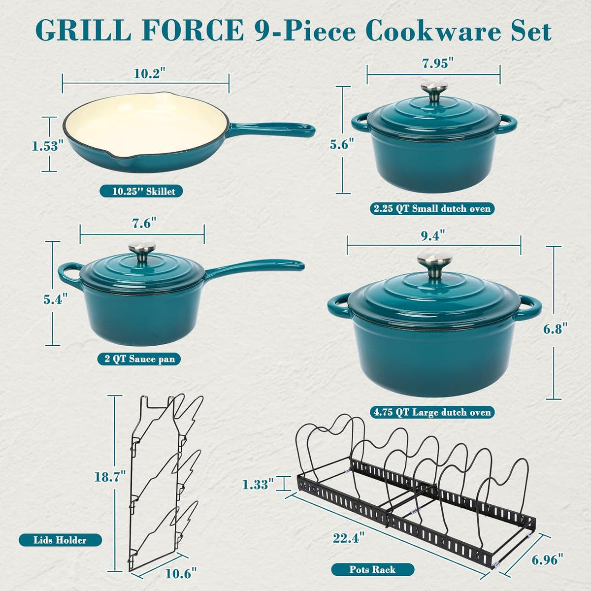 9Pcs Enameled Cast Iron Cookware Set, Non Stick Pots and Pans Kit, Rac ...