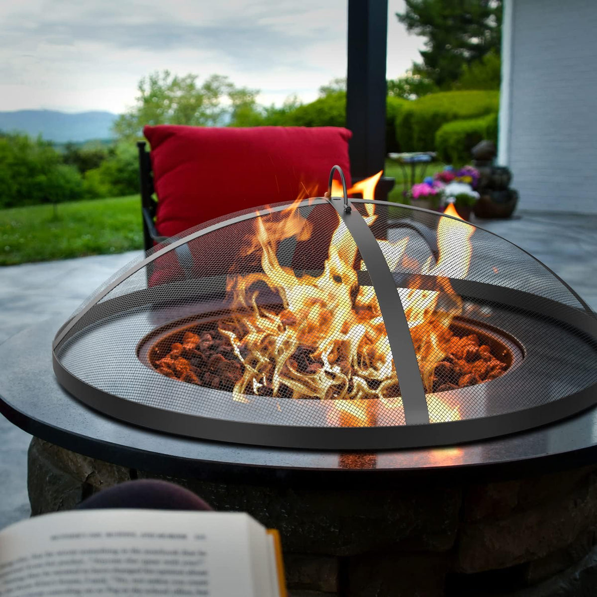 24 Inch Dia Round Fire Pit Top Spark Screen Metal Lid Cover with Ring ...