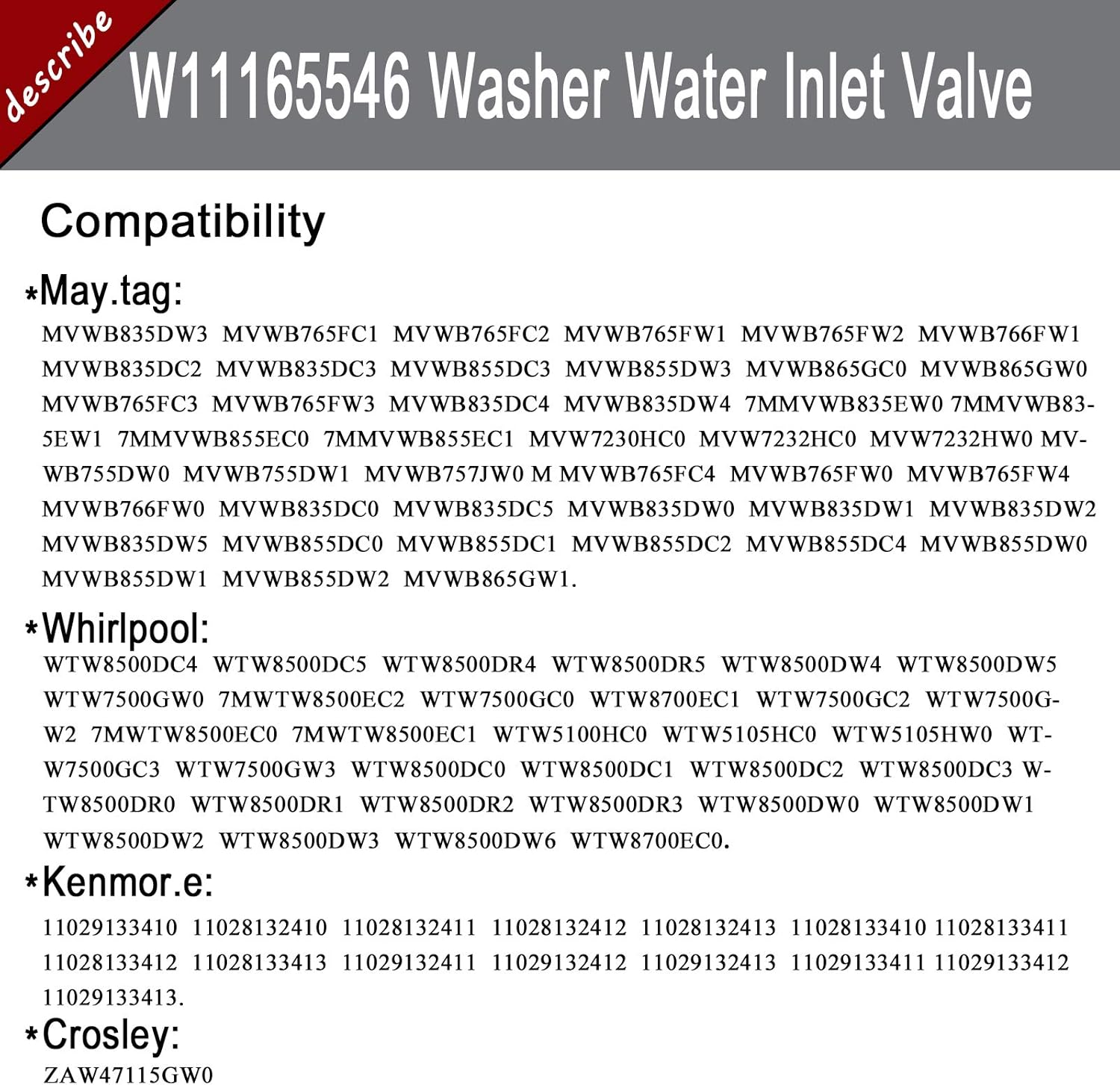 W11165546 W10758828 Washer Water Inlet Valve for Maytag Whirlpool Wash ...