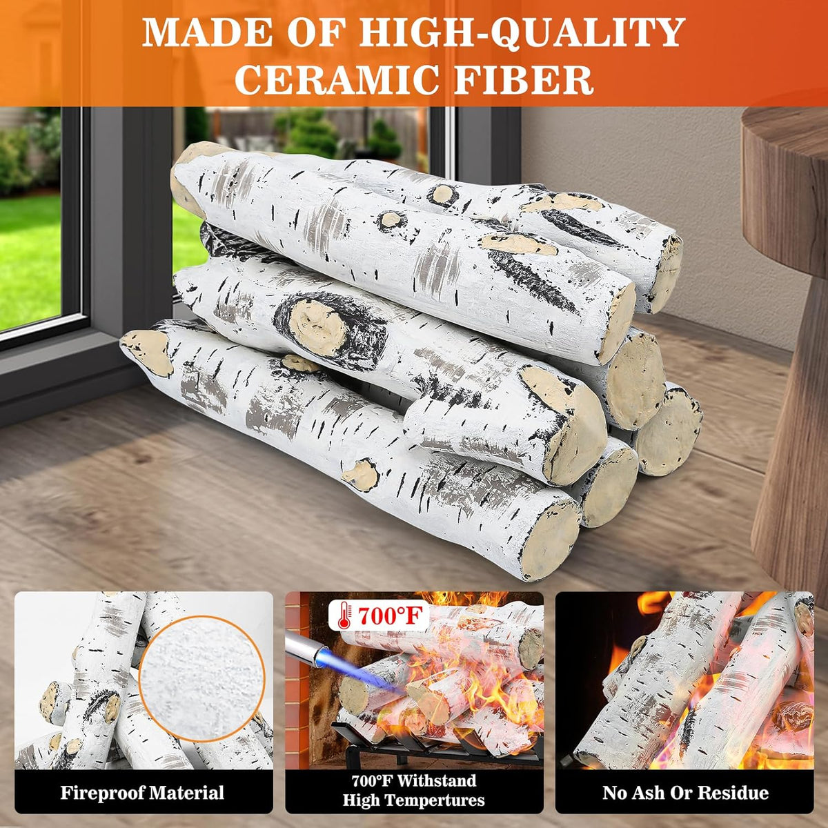 7 Pcs Fake Wood Gas Fireplace Logs, Ceramic White Birch Wood Logs for ...