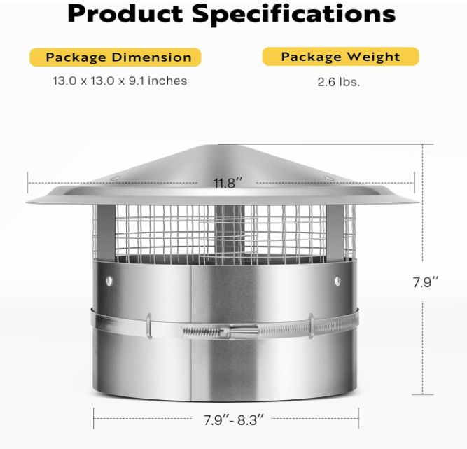 8" Cone Top Chimney Cap with Screen, Round Roof Rain Chimney Cover, Ga ...