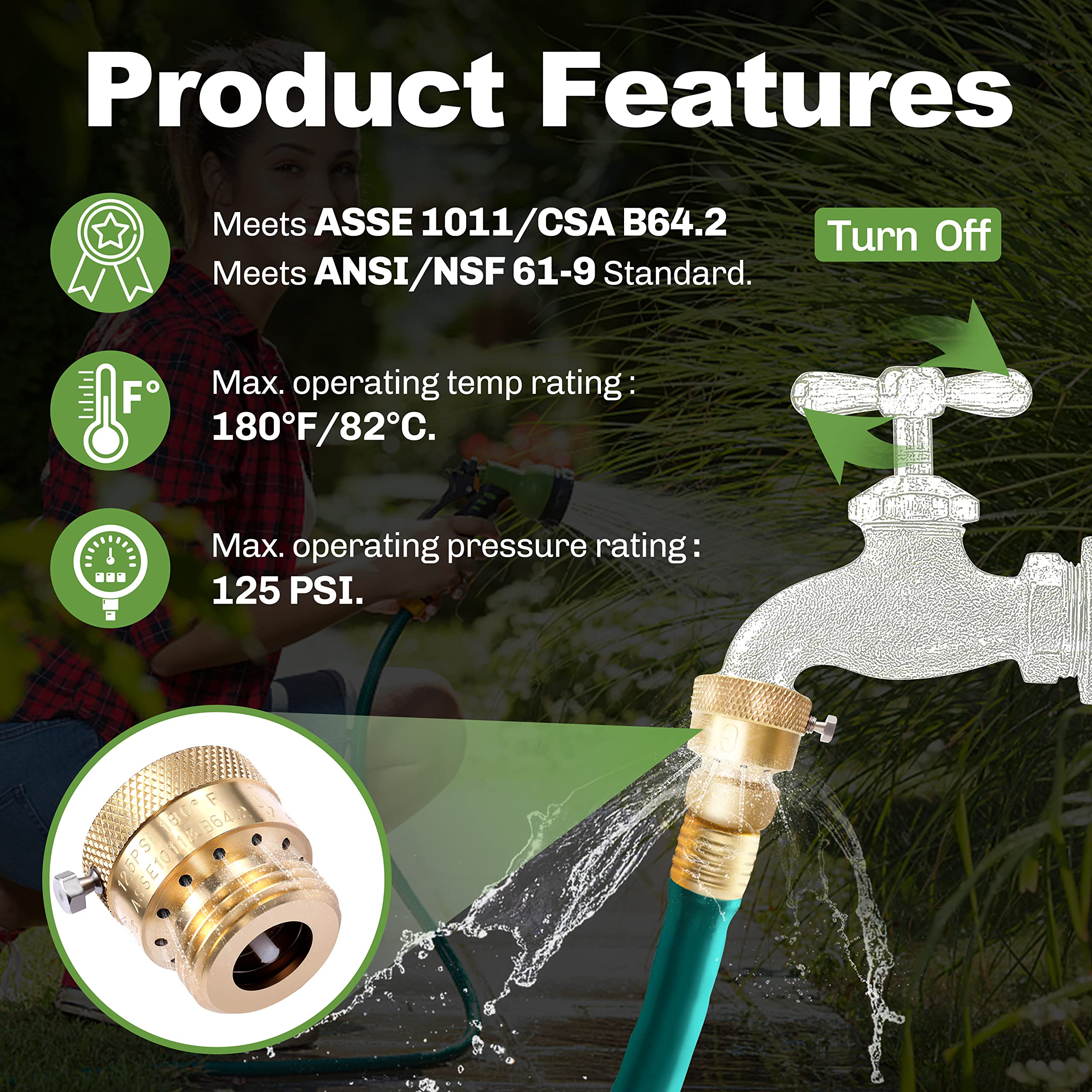 4-Pack Brass 3/4" Inch GHT Hose Bibb Connector Backflow Preventer Vacu ...